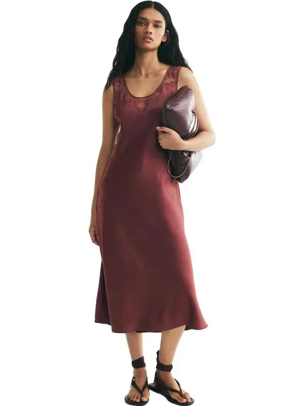 H&M Lace-inset Satin Midi Dress - Rust Red