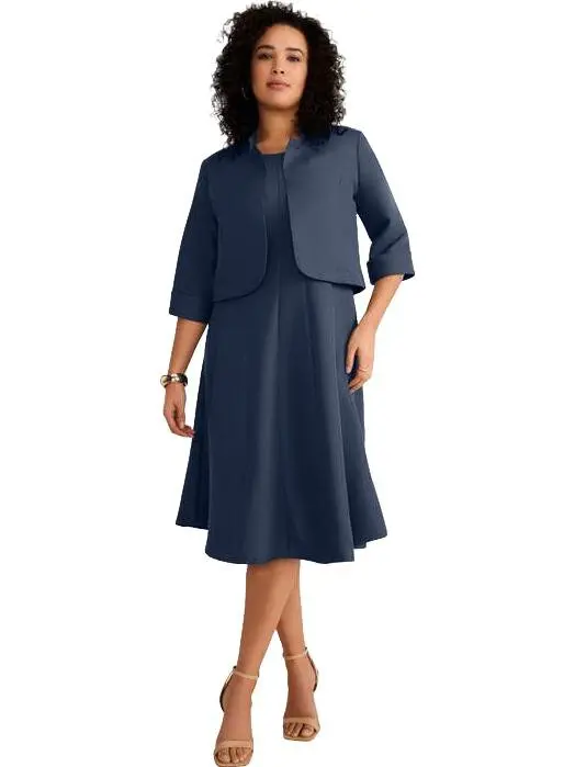 Roaman's Elbow Sleeve Fit And Flare Dress With Bolero Jacket 2-piece Suit - Navy