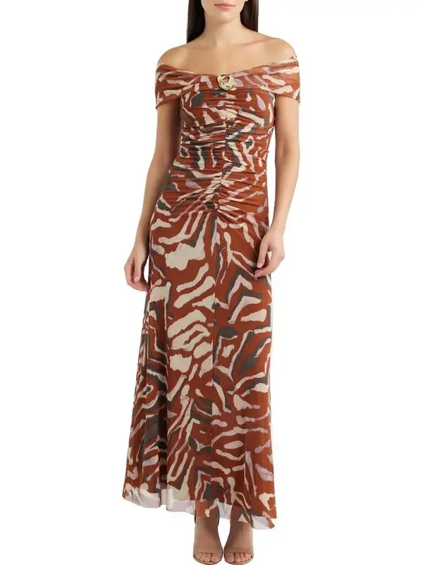 Parker Off-the-shoulder Ruched Mesh Dress - Brown Mult