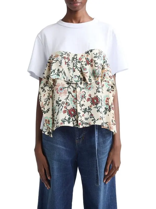 Sacai Floral Print Mixed Media T-shirt - Ivory