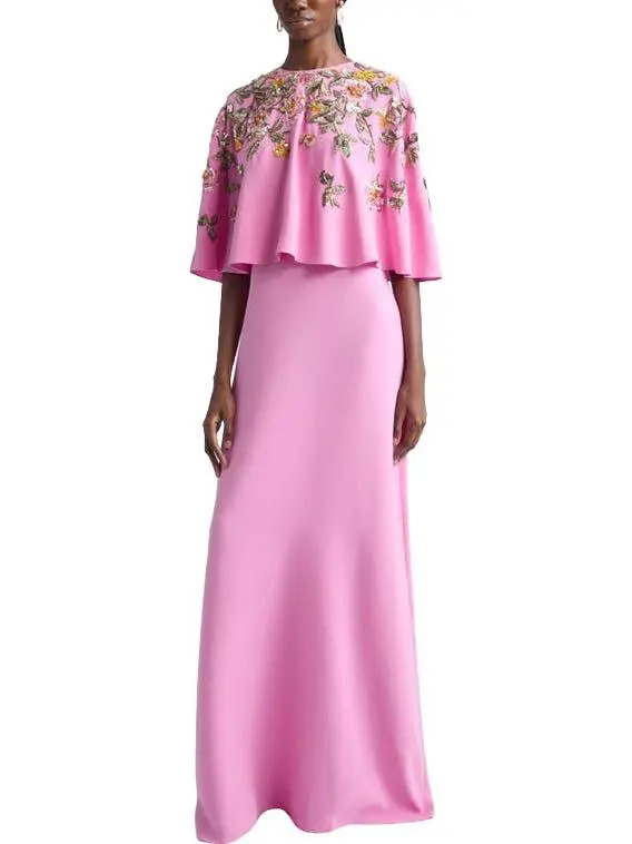 Oscar De La Renta Beaded Botanical Embroidered Stretch Silk Georgette Dress With Capelet - Rosebud