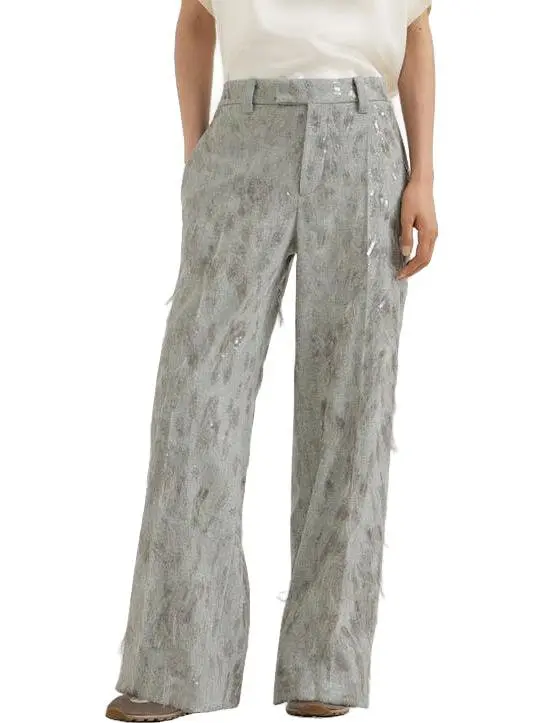 Brunello Cucinelli Virgin Wool And Cashmere Twill Flannel Loose Flared Trousers With Dazzling Lynx Embroidery - Grey
