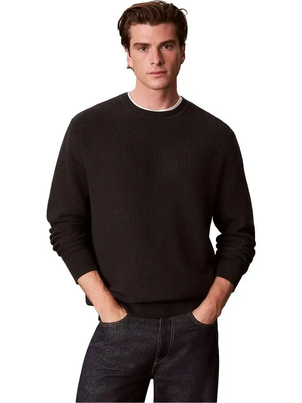 Calvin Klein Textured Cotton Crewneck Pullover Sweater - Black