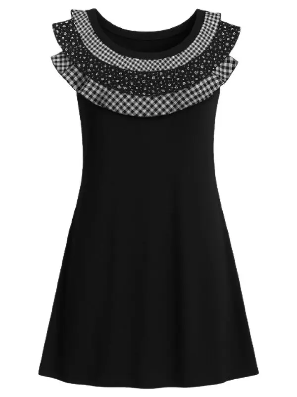 CONQUISTA Sleeveless Dress With Layered Gingham And Polka Dot Ruffle Neckline - Black