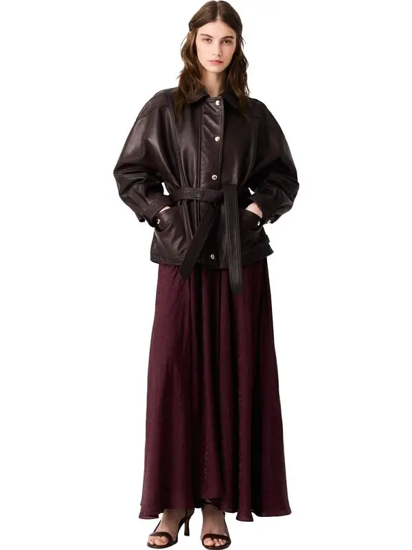 Maje Oversized Leather Jacket With Gold Buttons - Brown