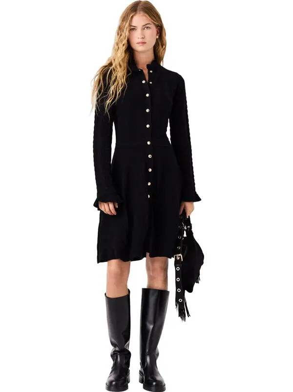 Maje Short Knit Dress With Gold Button Detail - Black