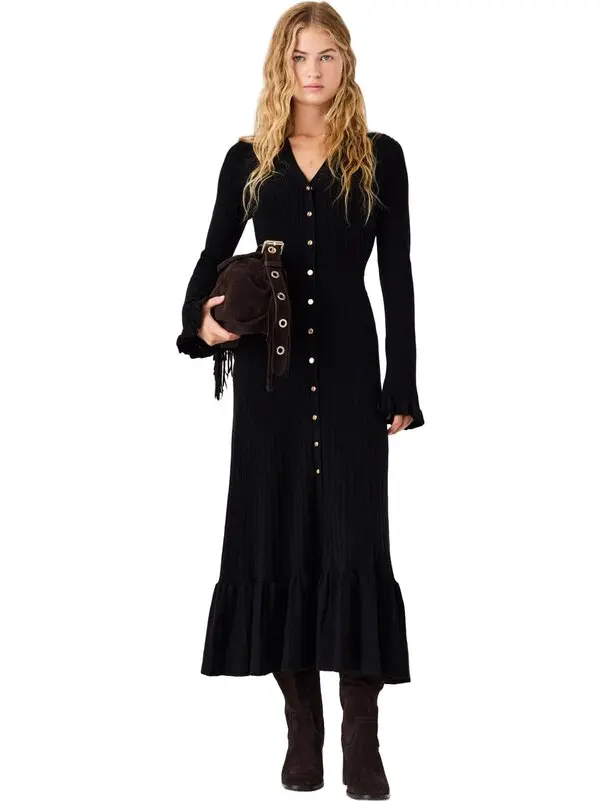 Maje Ruffled Knit Maxi Dress - Black