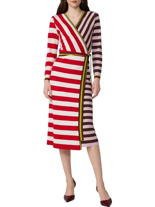 Diane Von Furstenberg Penelope Striped Merino Wool Wrap Midi Dress - Red Brown