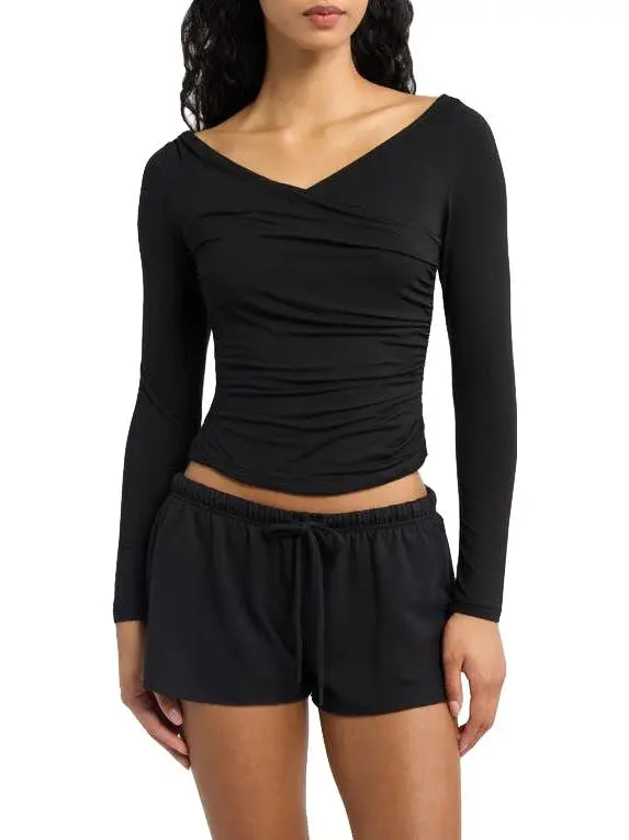 Free People Faux Wrap Ruched Long Sleeve Crop Top - Black