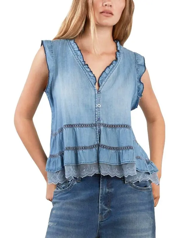 BILLY T Sleeveless V-neck Button-up Flounce Top - Denim