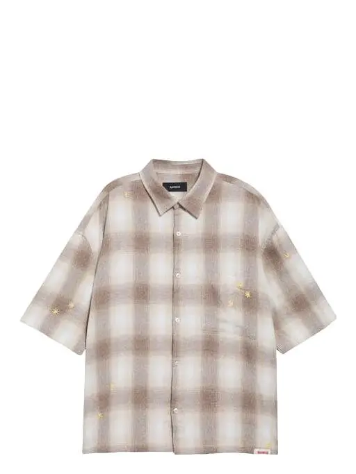 NAHMIAS Oversize Floral Embroidered Plaid Short Sleeve Cotton Flannel Button-up Shirt - Sand