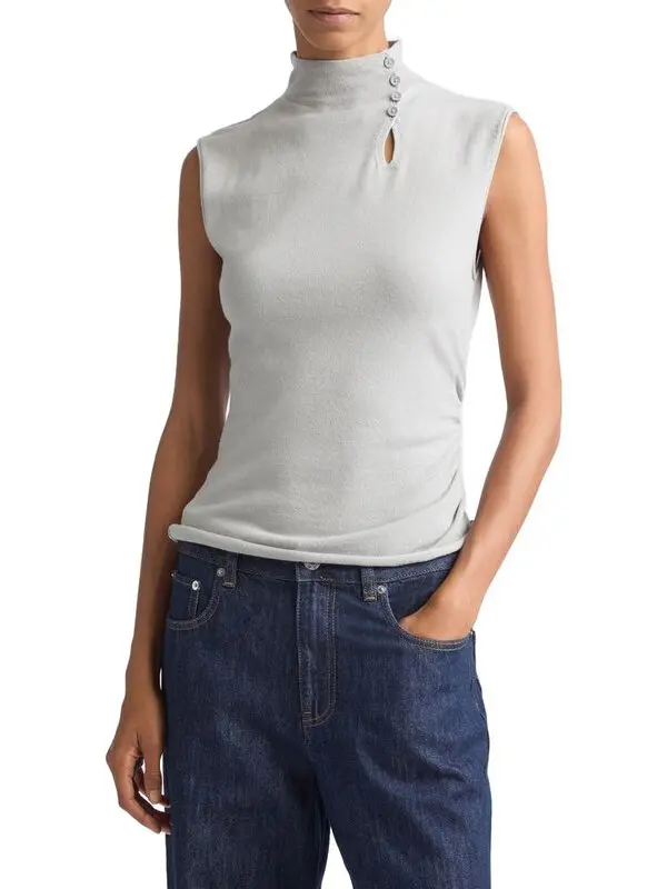 Helmut Lang Asymmetric Button Mock Neck Sleeveless Top - Light Grey