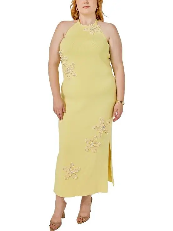 Endless Rose Halterneck Maxi Dress With Beaded Flower Embellishments - Butter