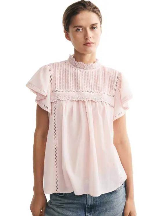 H&M Lace-trimmed Flutter-sleeve Blouse - Light Pink