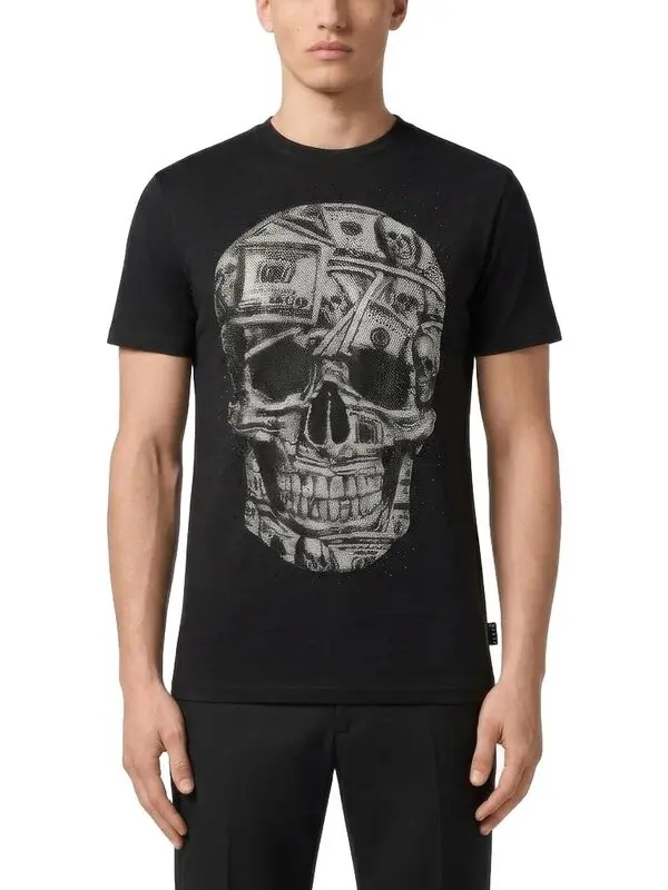 Philipp Plein Jersey Round Neck T-shirt Ss Skull Dollar Stones - Black