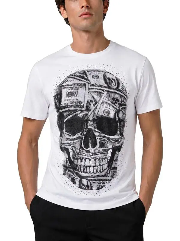 Philipp Plein Jersey Round Neck T-shirt Ss Skull Dollar Stones - White