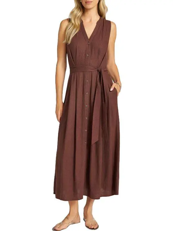 Matty M. Linen Blend Sleeveless V-neck Midi Dress With Sash Belt - Chocolate