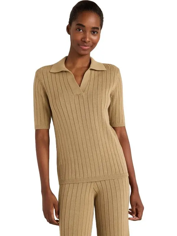 HAVEN WELL WITHIN Organic Cotton Ribbed Short Sleeve Polo Sweater - Truffle