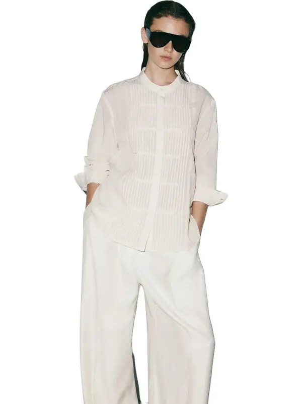 H&M Pintucked Button-front Blouse - Light Beige