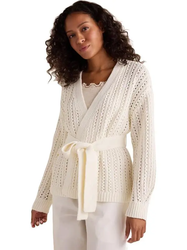 HAVEN WELL WITHIN Textured Cotton Blend Belted Cardigan - Ivory