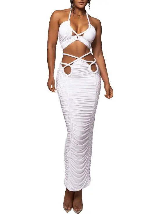 JLUXLABEL Halter Cutout Ruched Maxi Skirt Set - Ivory