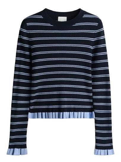 H&M Ruffle-trimmed Rib-knit Top - Navy Blue/striped