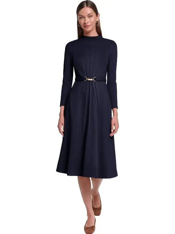 Halston Long Sleeve Knit Midi Dress With Hardware - Deep Navy