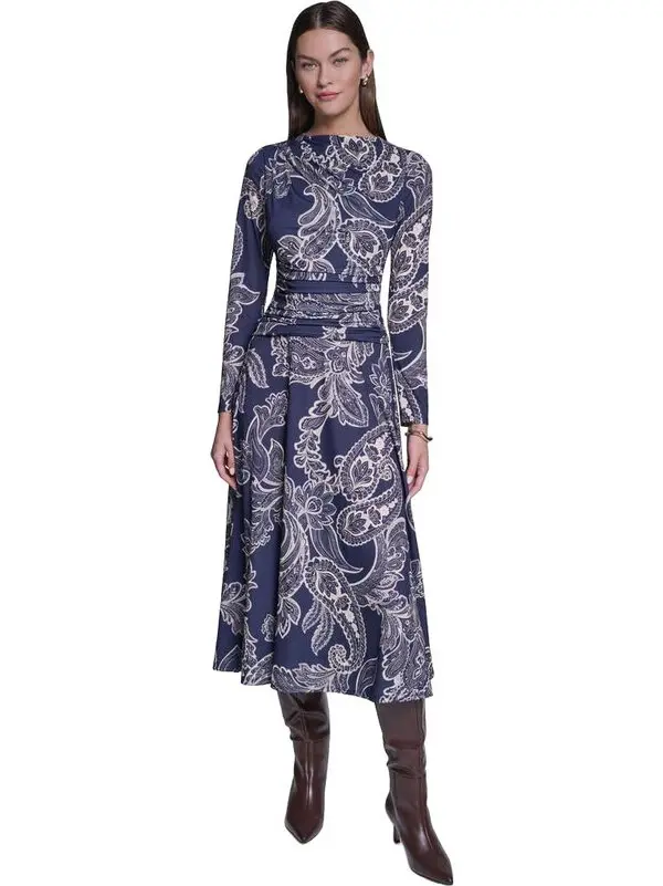 Halston Long Sleeve Paisley Printed Jersey Midi Dress - Navy Multi