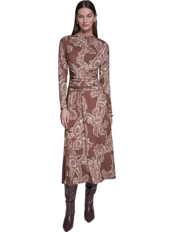Halston Long Sleeve Paisley Printed Jersey Midi Dress - Tan Multi