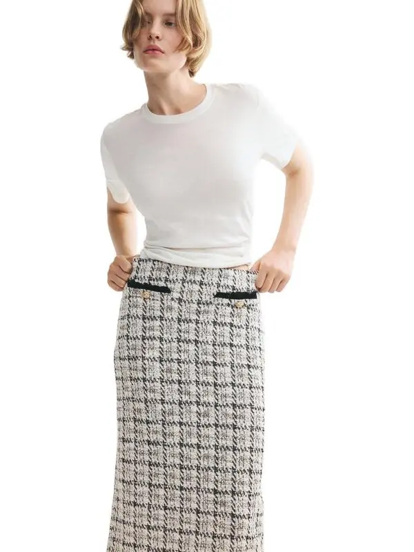 H&M Bouclé-knit Pencil Skirt With Fringe Trim - Cream/checked