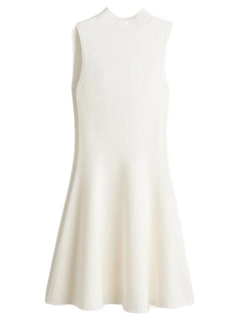 H&M Textured Knit Mock Neck Dress With Flared Skirt - Cream