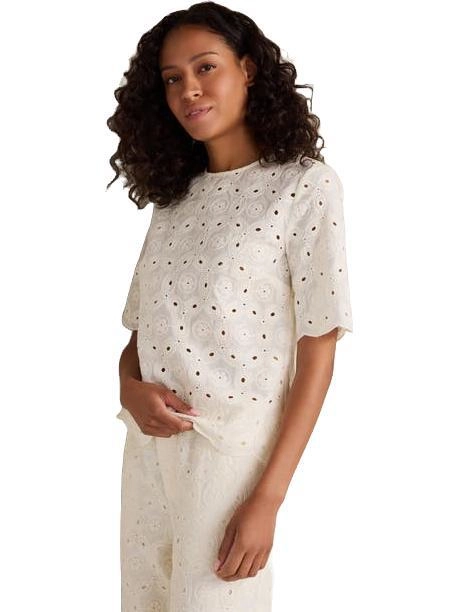 HAVEN WELL WITHIN Organic Cotton Eyelet Short Sleeve Top - Ivory