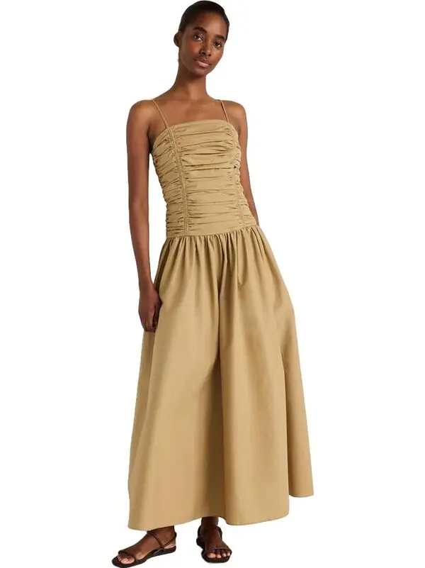 HAVEN WELL WITHIN Organic Cotton Poplin Ruched Bodice Maxi Dress - Truffle