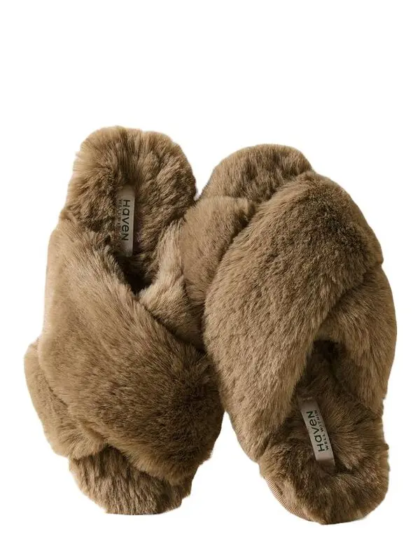HAVEN WELL WITHIN Faux Fur Criss-cross Slippers - Truffle