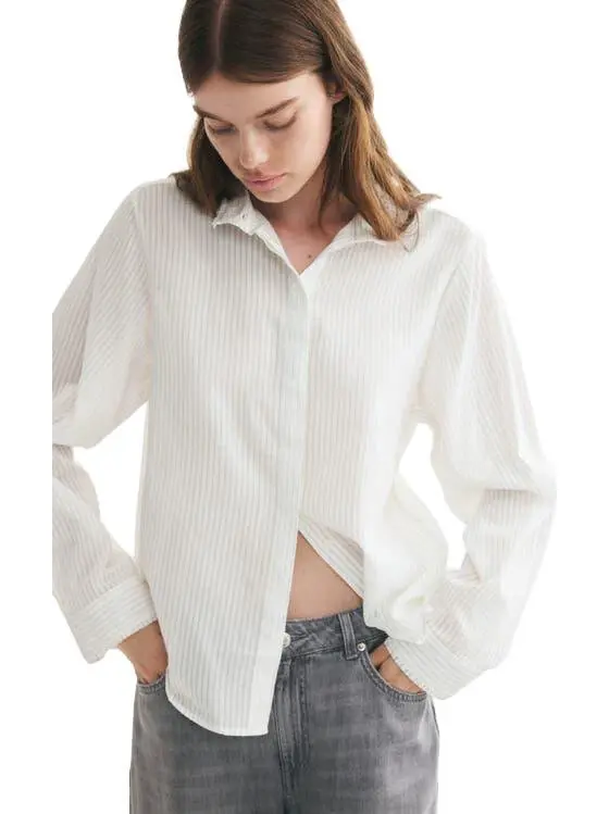 H&M Ruffle-trimmed Stand-up Collar Shirt - White/striped