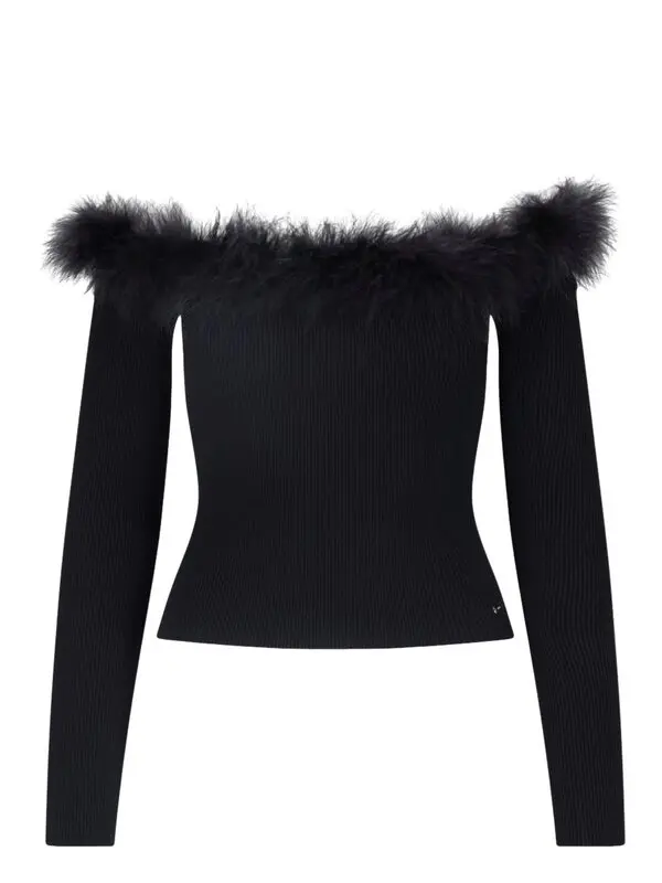 Gucci Ribbed Viscose Off-shoulder Top With Feather Trim - Black