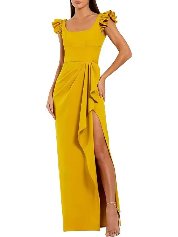 Mac Duggal Crepe Column Gown With Square Neck And Ruffle Detail - Chartreuse