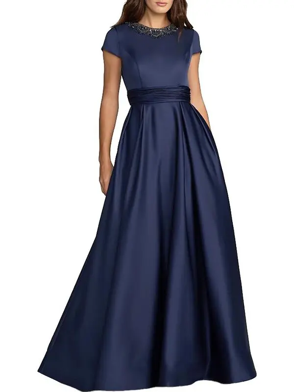 Mac Duggal Embellished Satin Cap Sleeve Gown - Midnight