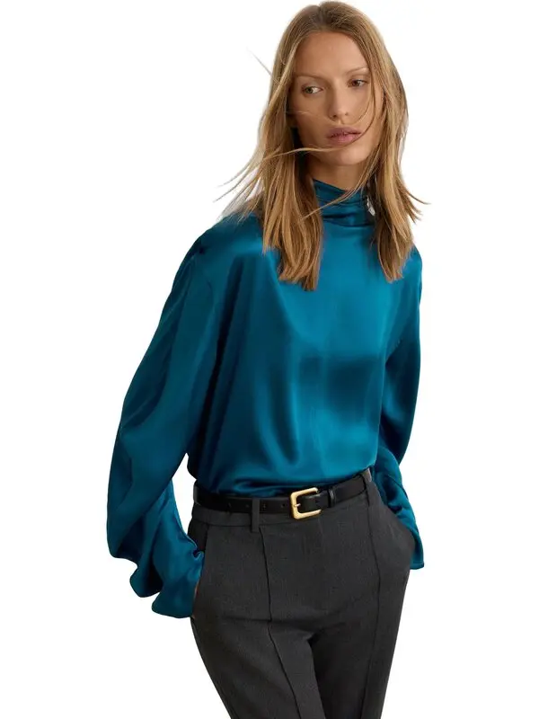 REISS Meena Silk High-neck Blouse - Cobalt Blue