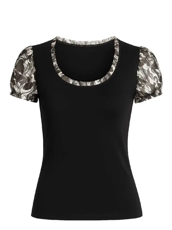 CONQUISTA Viscose Jersey Top With Printed Puff Sleeves And Ruffled Neckline - Black