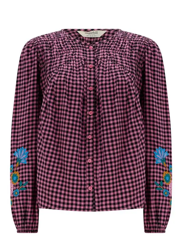 SUGARHILL BRIGHTON Leah Blouse In Rose Gingham With Floral Embroidery - Pink