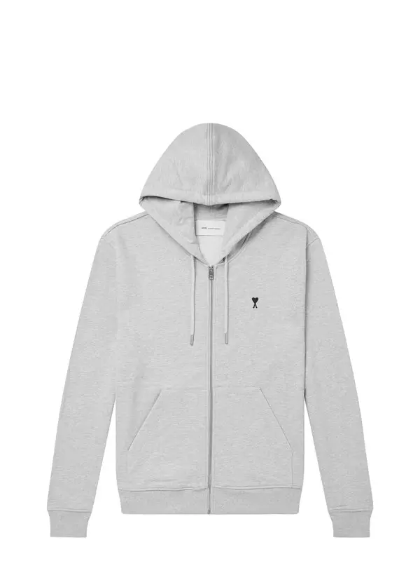 AMI Paris Logo-embroidered Cotton-jersey Zip-up Hoodie - Gray