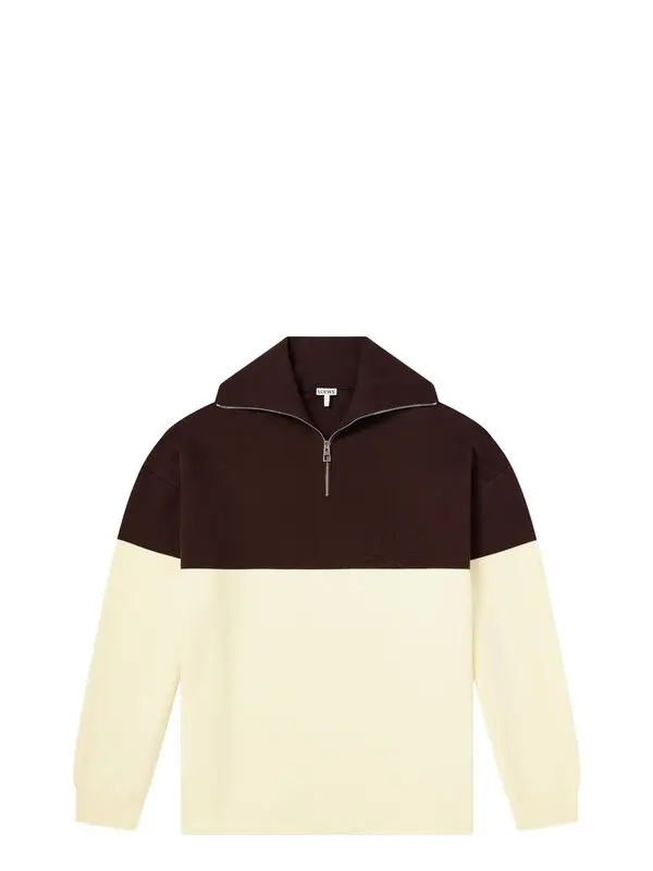 Loewe Anagram-embossed Two-tone Cotton-blend Jersey Half-zip Sweater - Brown