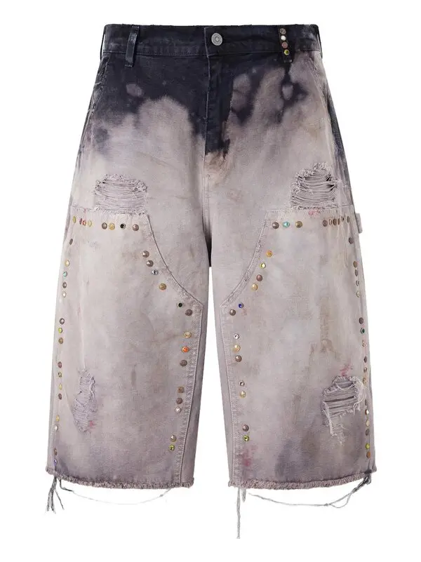 SATOSHI NAKAMOTO Straight-leg Embellished Distressed Denim Shorts - Black