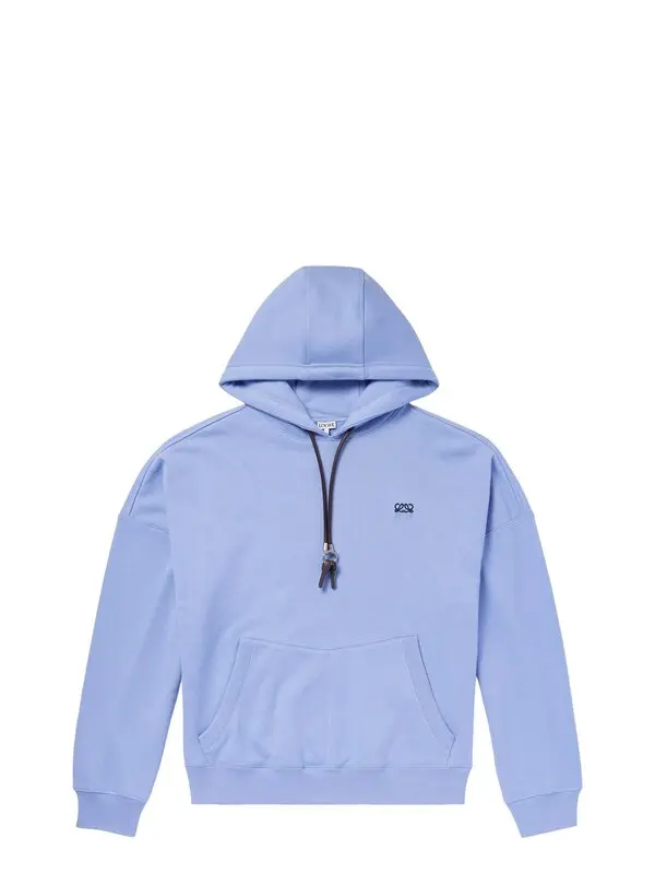 Loewe Anagram-embroidered Leather-trimmed Cotton-jersey Hoodie - Blue
