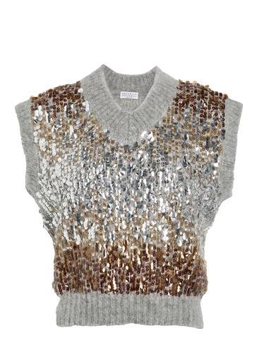 Brunello Cucinelli Sequin Embellished V-neck Mohair Wool Blend Sweater Vest - Grey