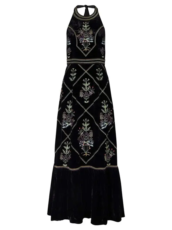 EMPORIO SIRENUSE Chantal Agra Flower-embroidered Velvet Midi Dress - Black