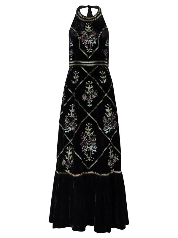 EMPORIO SIRENUSE Chantal Agra Flower-embroidered Velvet Midi Dress - Black