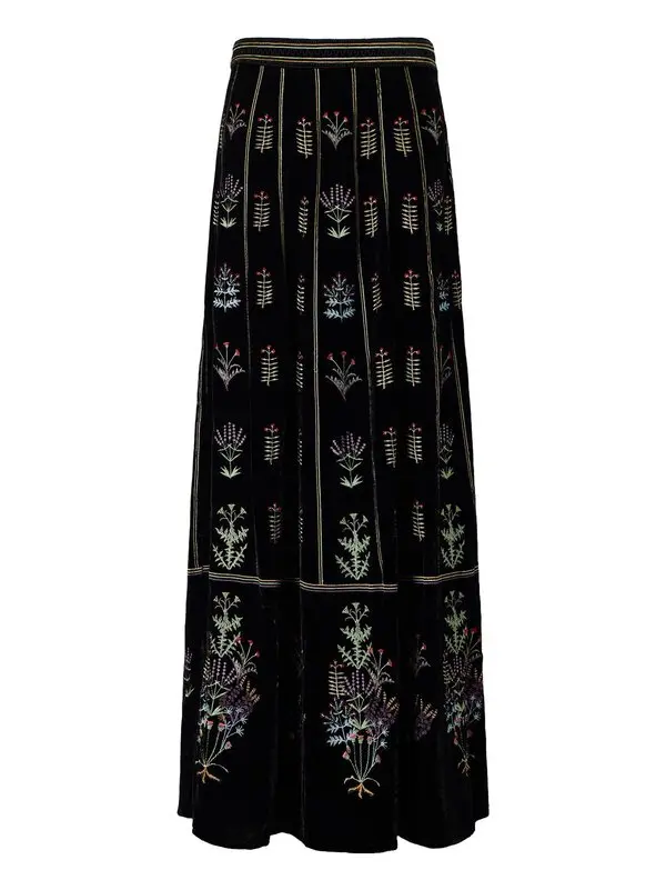 EMPORIO SIRENUSE Camille Agra Embroidered Velvet Midi Skirt - Black