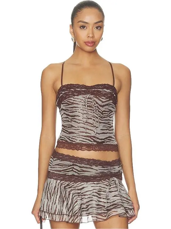TIGER MIST Vira Cropped Mesh Top With Lace Trim - Neutral Zebra
